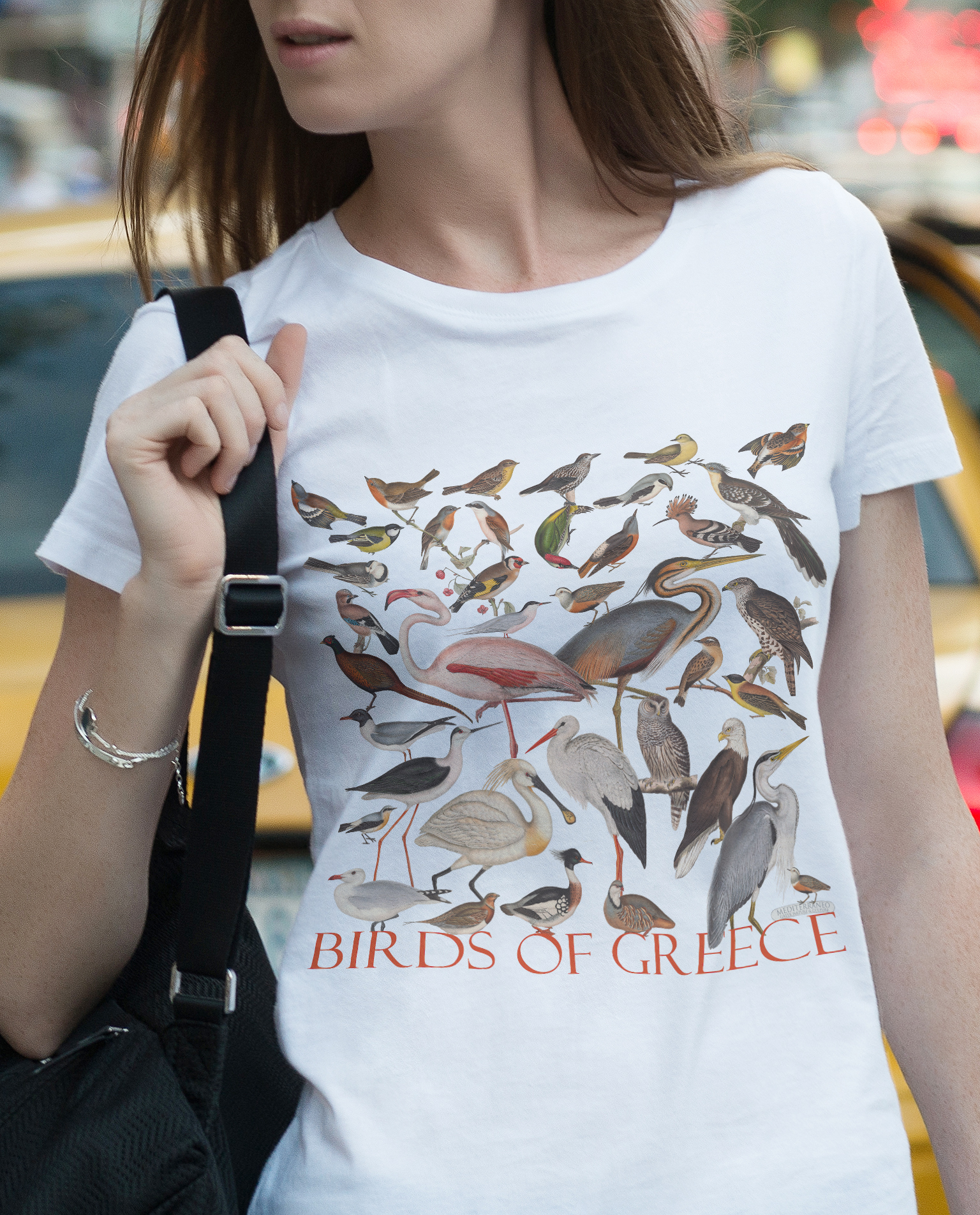 Women T-shirt with birds of Greece print by Mediterraneo