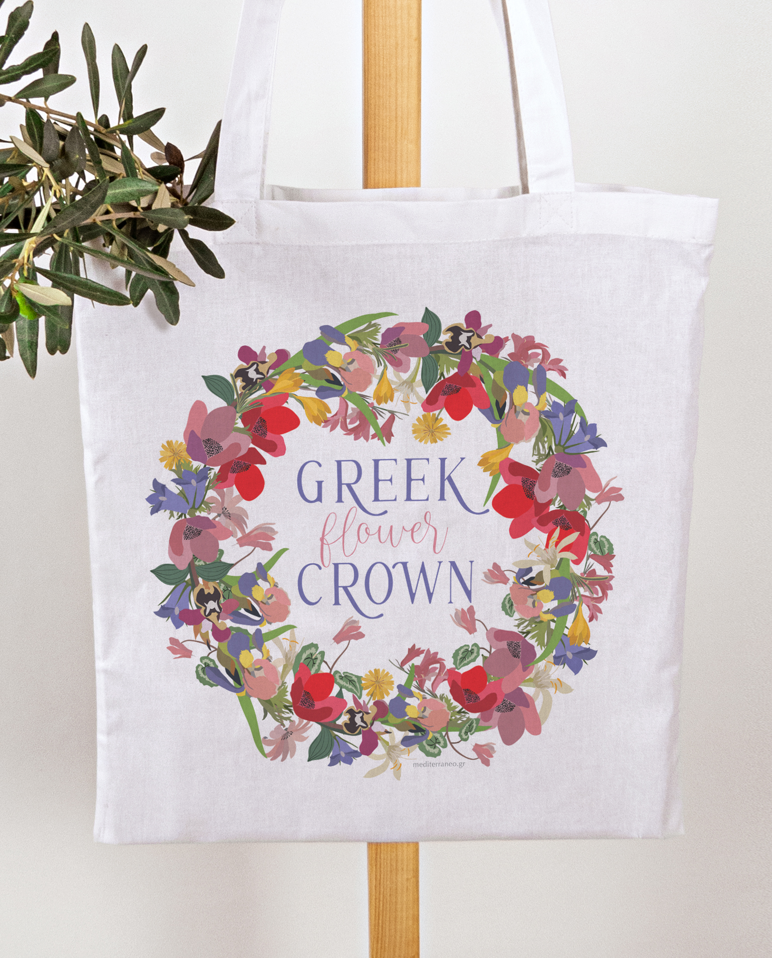 Cotton bag with Greek flower crown print by Mediterraneo