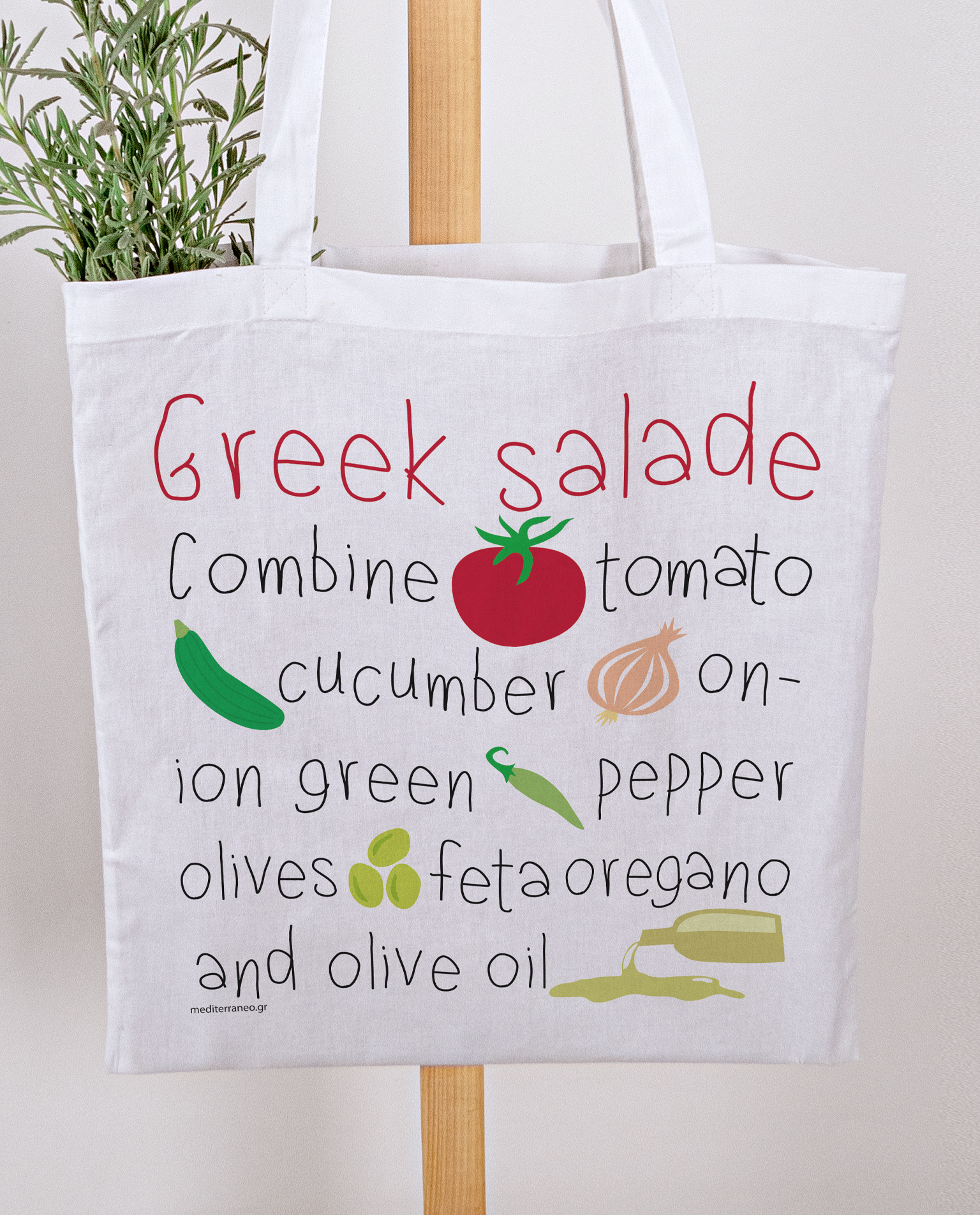 Cotton bag with Greek Salade recipe print by Mediterraneo